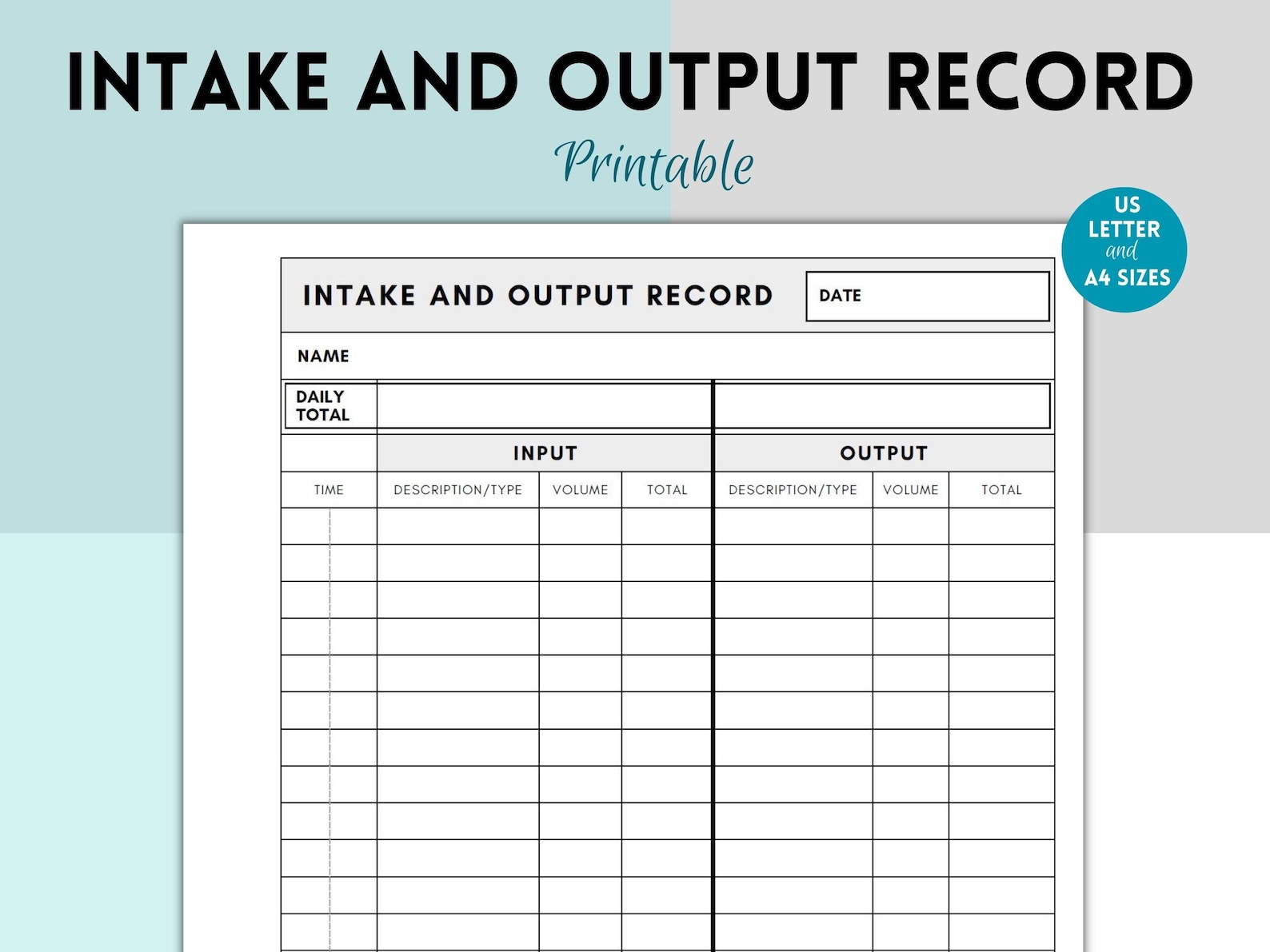 Fluids Intake and Output Record, Fluid Balance Chart, Intake and Output ...