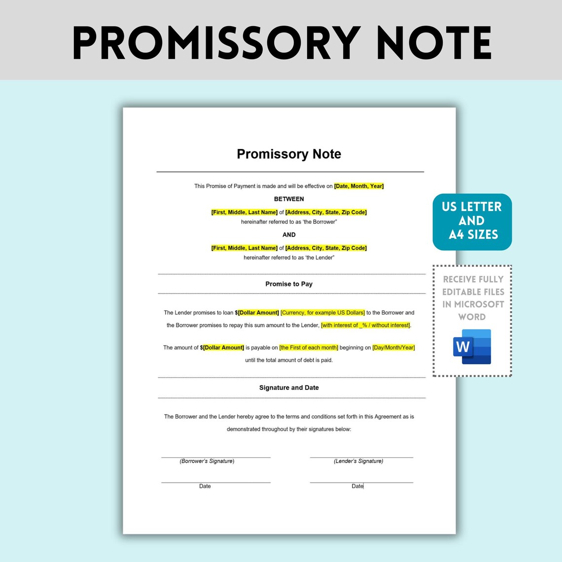 Promissory Note, Editable Promissory Note for Payment, Simple Personal ...