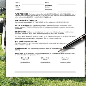 Livestock Bill of Sale Template, Horse Bill of Sale, Farm Animal for ...
