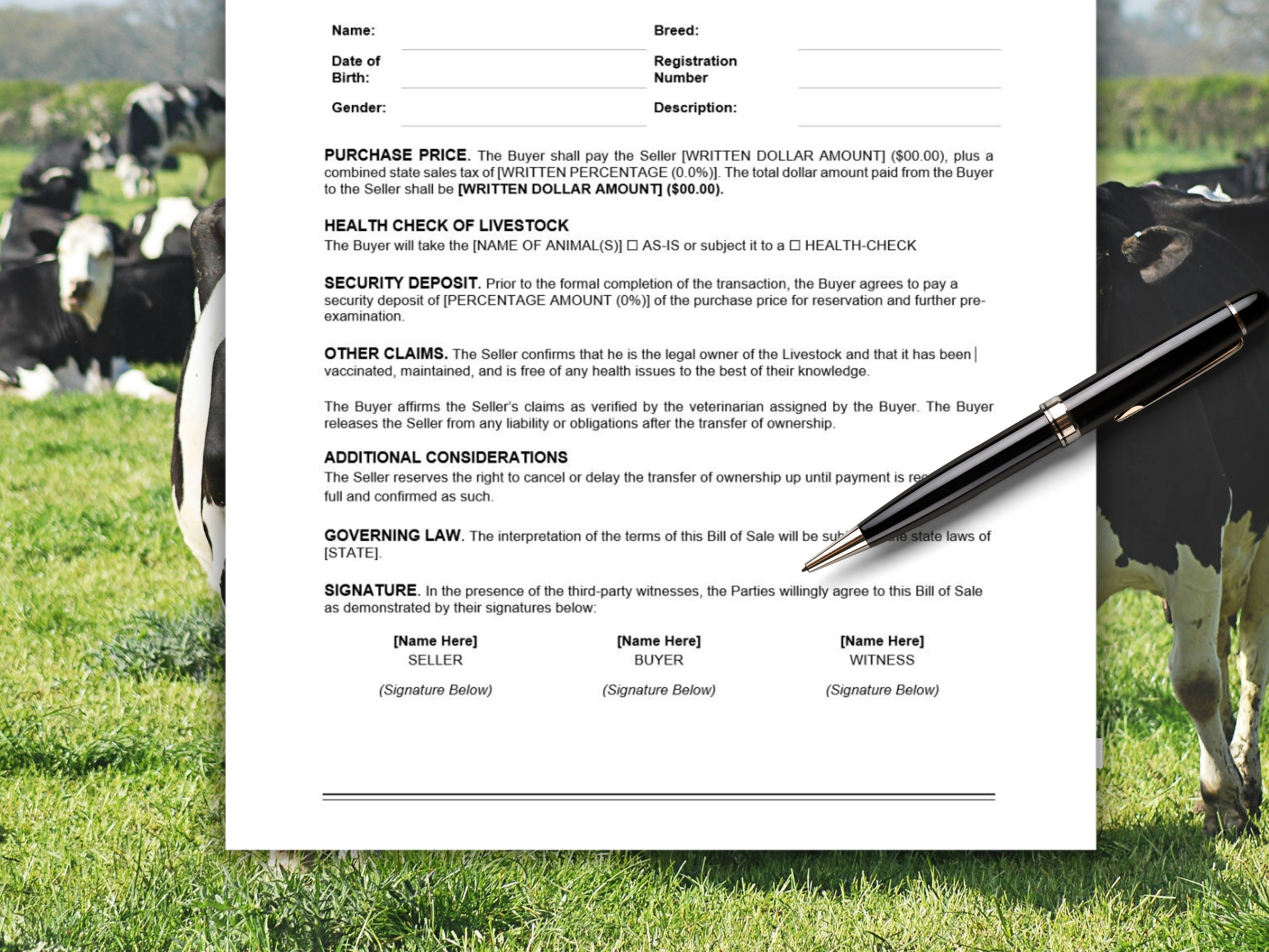 Livestock Bill of Sale Template, Horse Bill of Sale, Farm Animal for ...