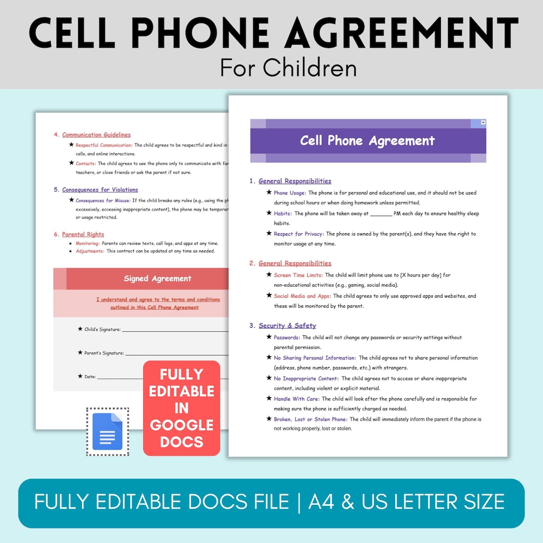 Cell Phone Agreement Contract for Kids, Children Cell Phone Rules ...