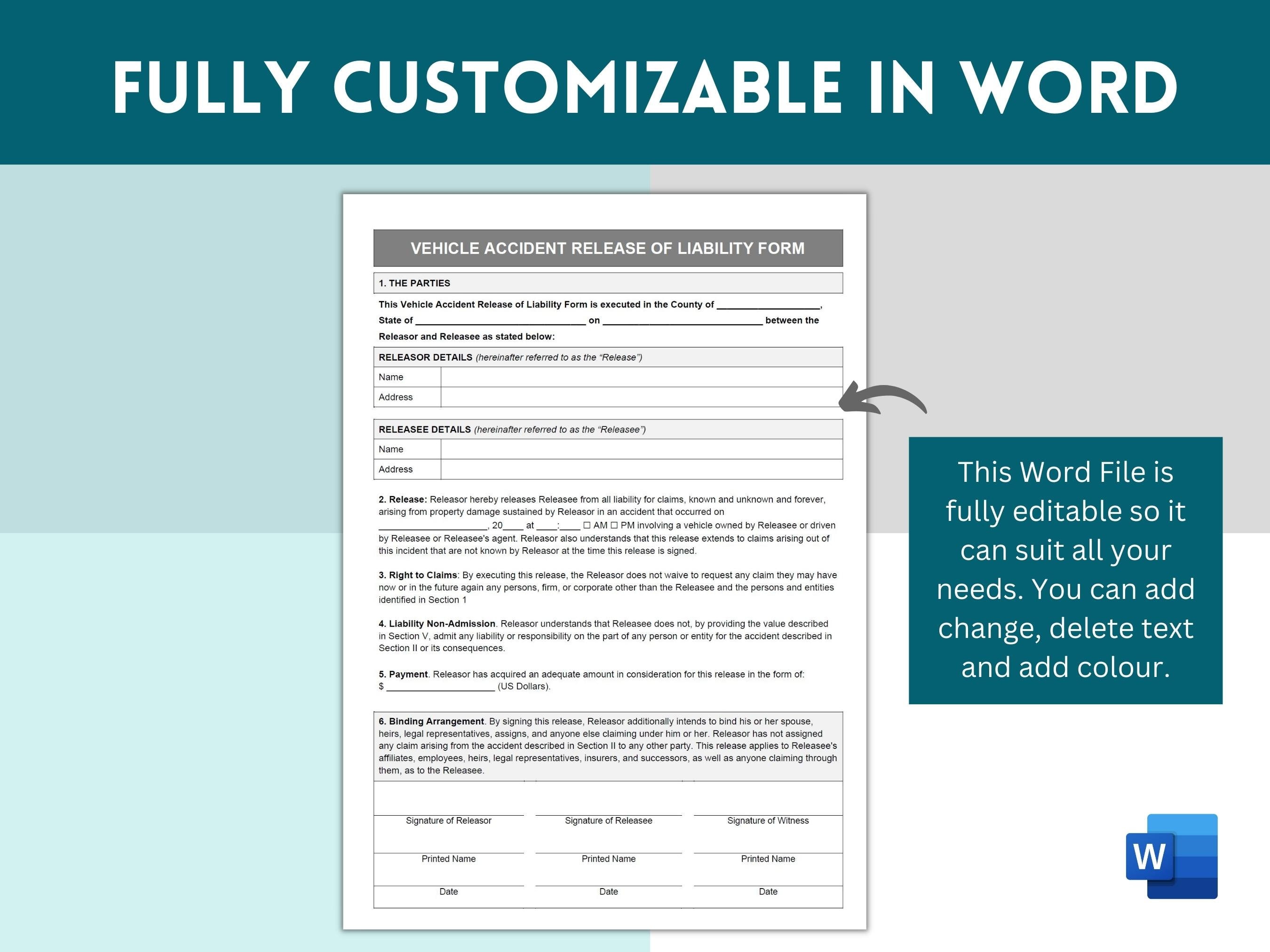 Car Accident Release of Liability Template, Vehicle Accident Release of ...