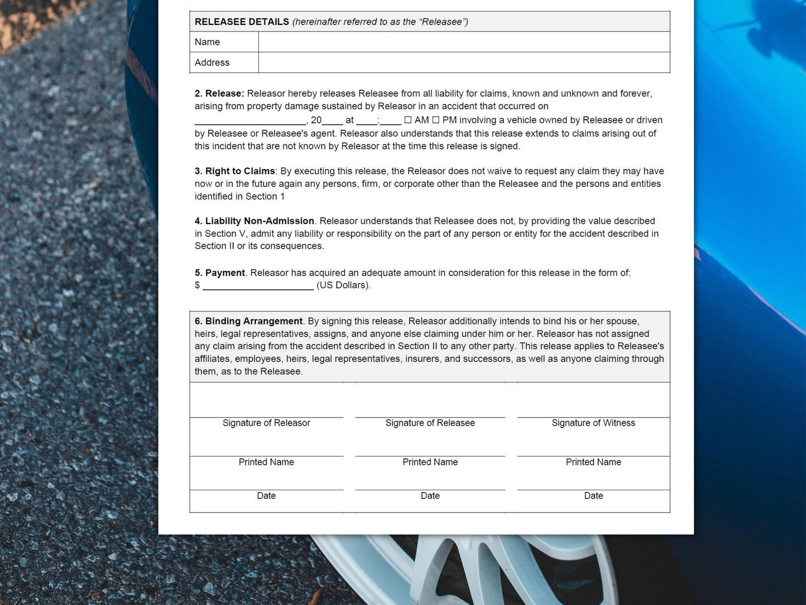 Car Accident Release of Liability Template, Vehicle Accident Release of ...