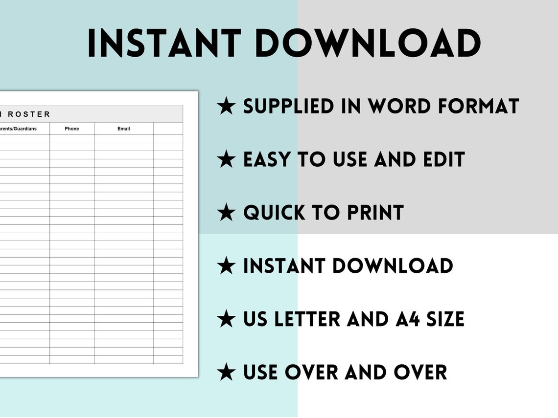 Editable Team Roster Template: Sports Roster (PDF, Word) - Etsy