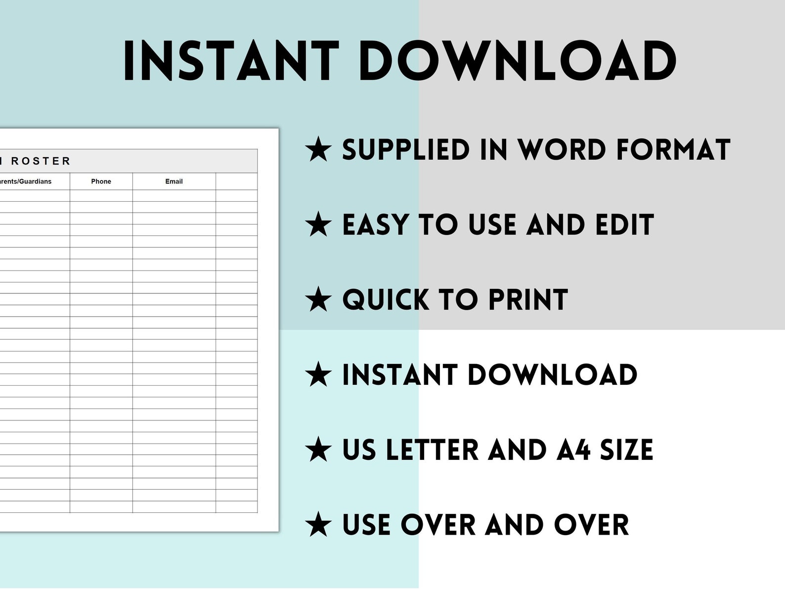 Team Roster, Sports Roster Printable, Soccer Team Roster, Softball ...