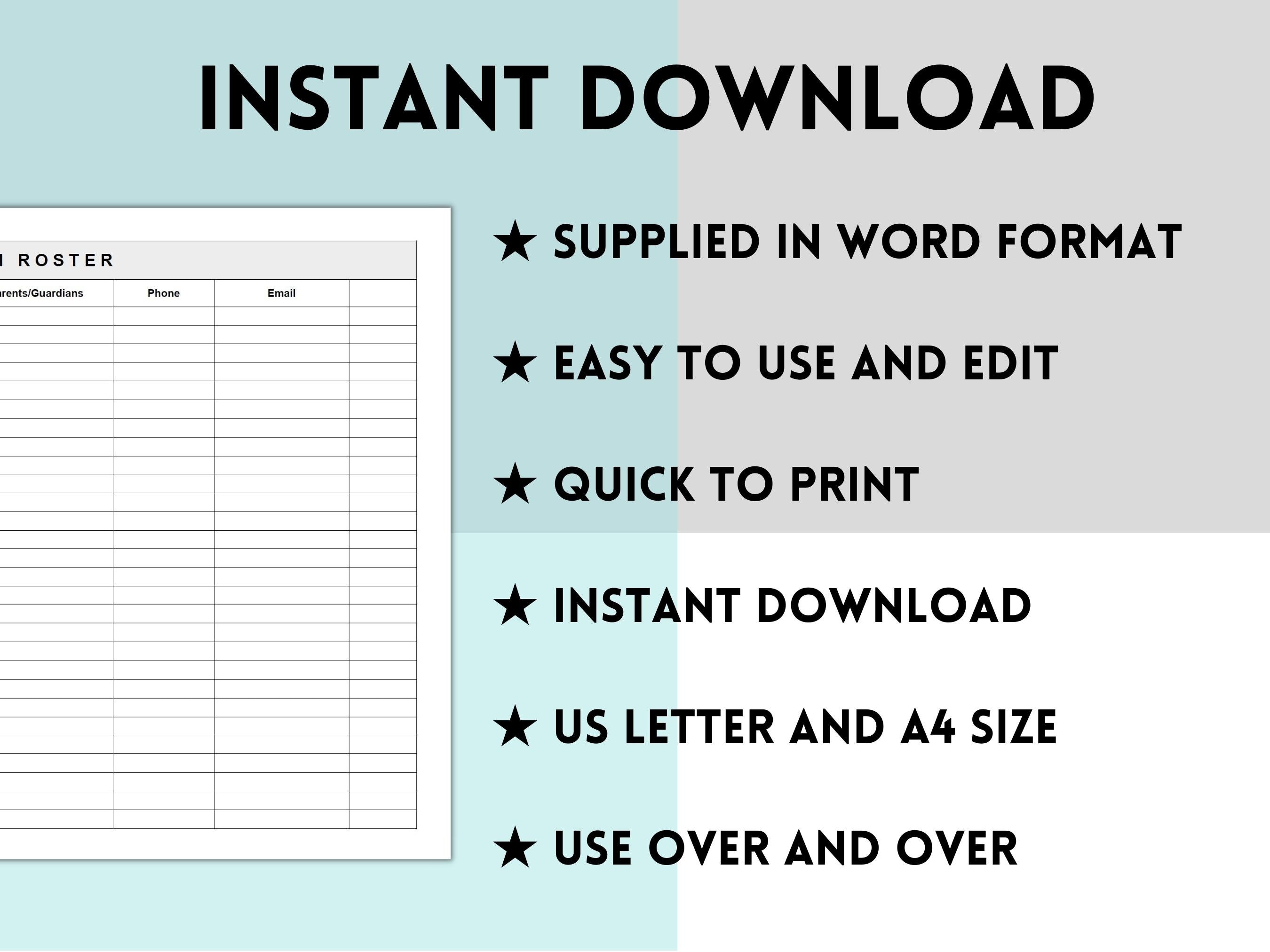 Team Roster, Sports Roster Printable, Soccer Team Roster, Softball ...
