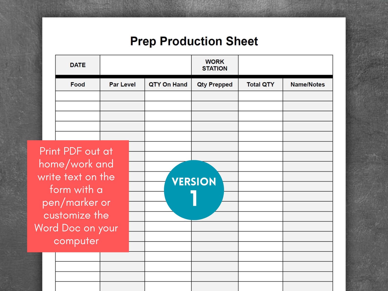 Restaurant Prep Sheet, Food Prep Chart, Food Prep Sheet, Restaurant ...
