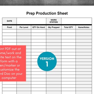 Restaurant Prep Sheet, Food Prep Chart, Food Prep Sheet, Restaurant ...