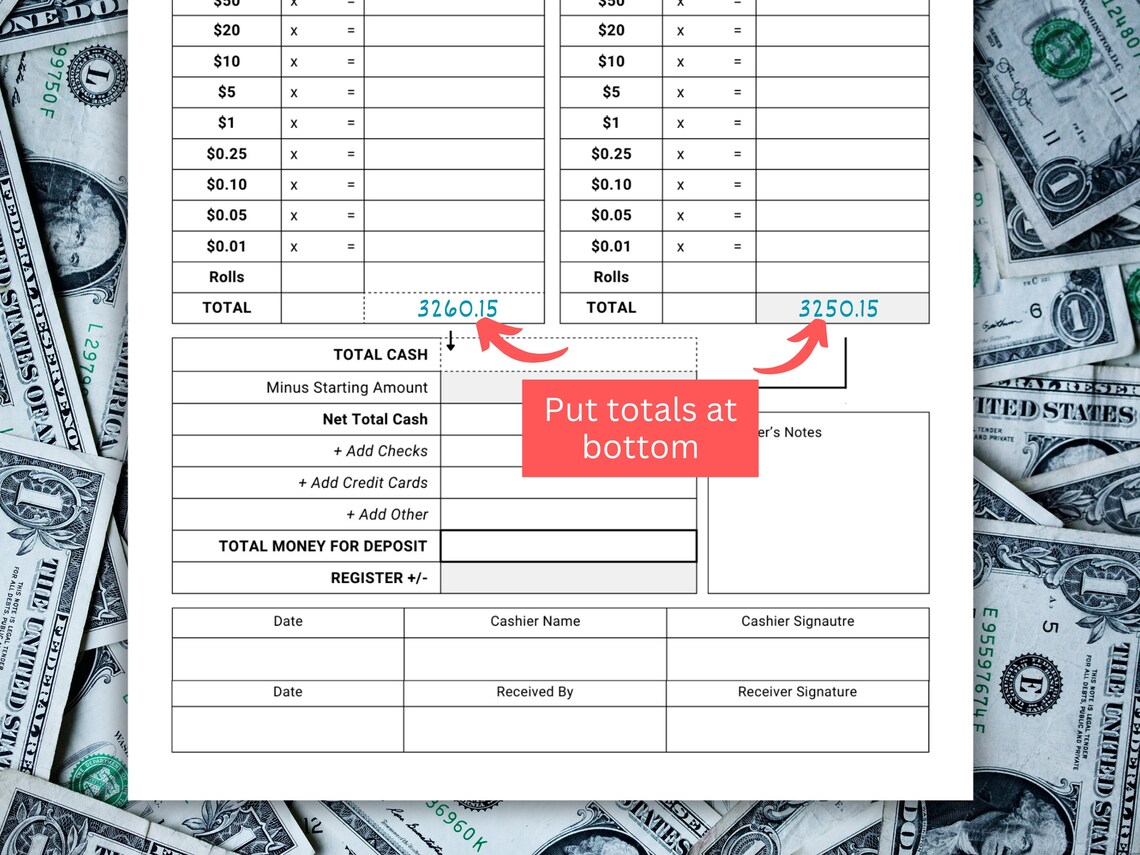 Cash Register Balance Sheet, Till Drawer Balance Log, Cash Drawer ...