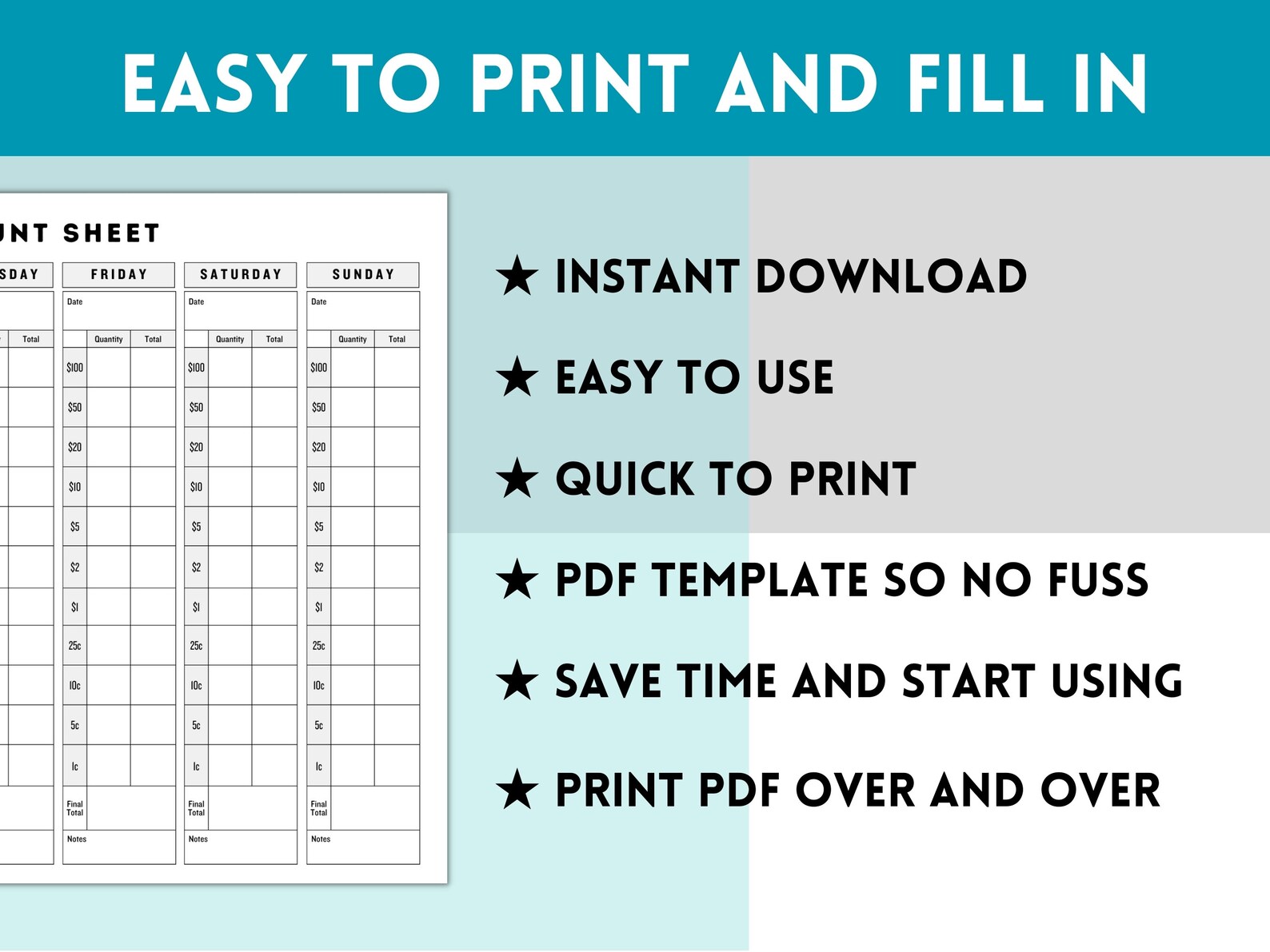 Cash Breakdown, Count Sheet, Cash Breakdown Slip, Cash Withdrawal Slip ...