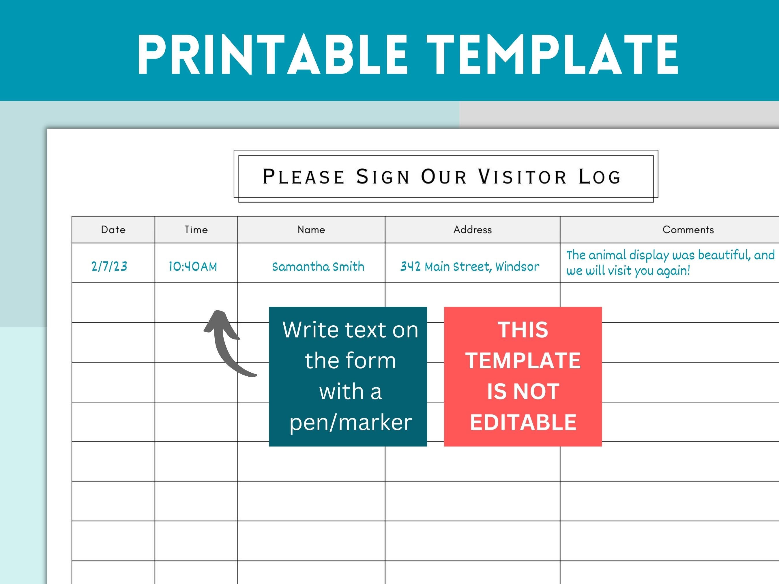 Printable Visitor Log, Visitor Sign in Sheet, Visitor Logbook, Visitor ...