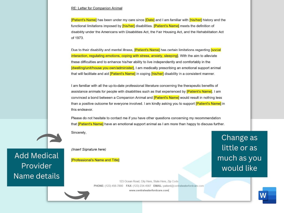 Editable Sample Letter for Companion Animal, Emotional Support Animal ...