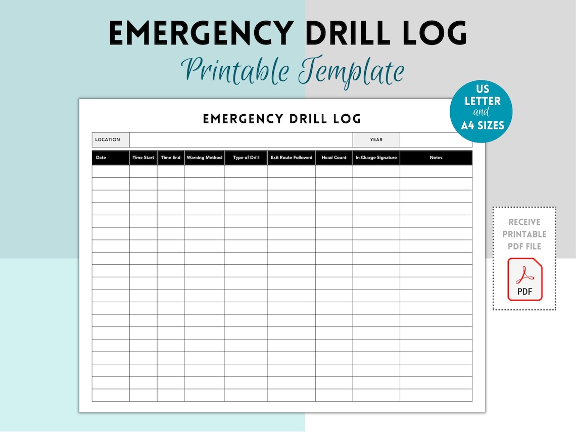 Printable Emergency Drill Log, Emergency Drill Record, Fire Drill Log ...