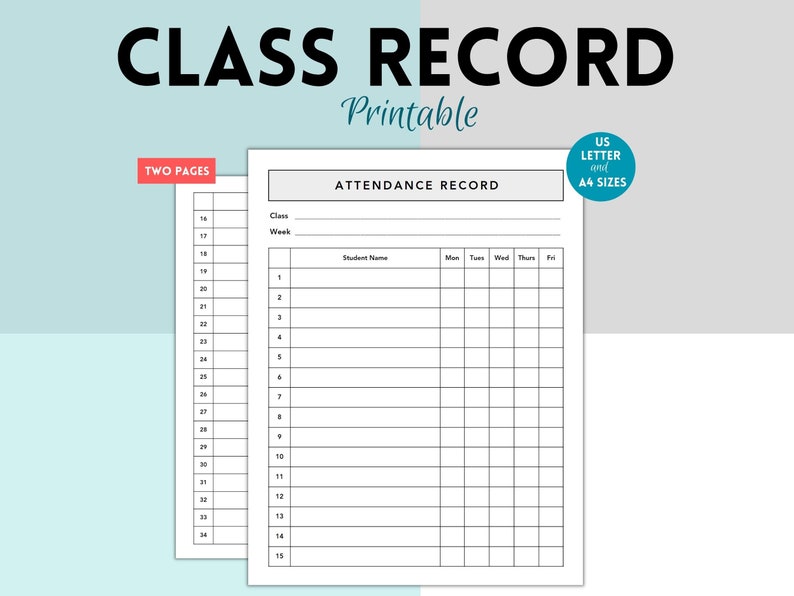 Printable Class Record Checklist, Class Attendance, Class Record, Class ...