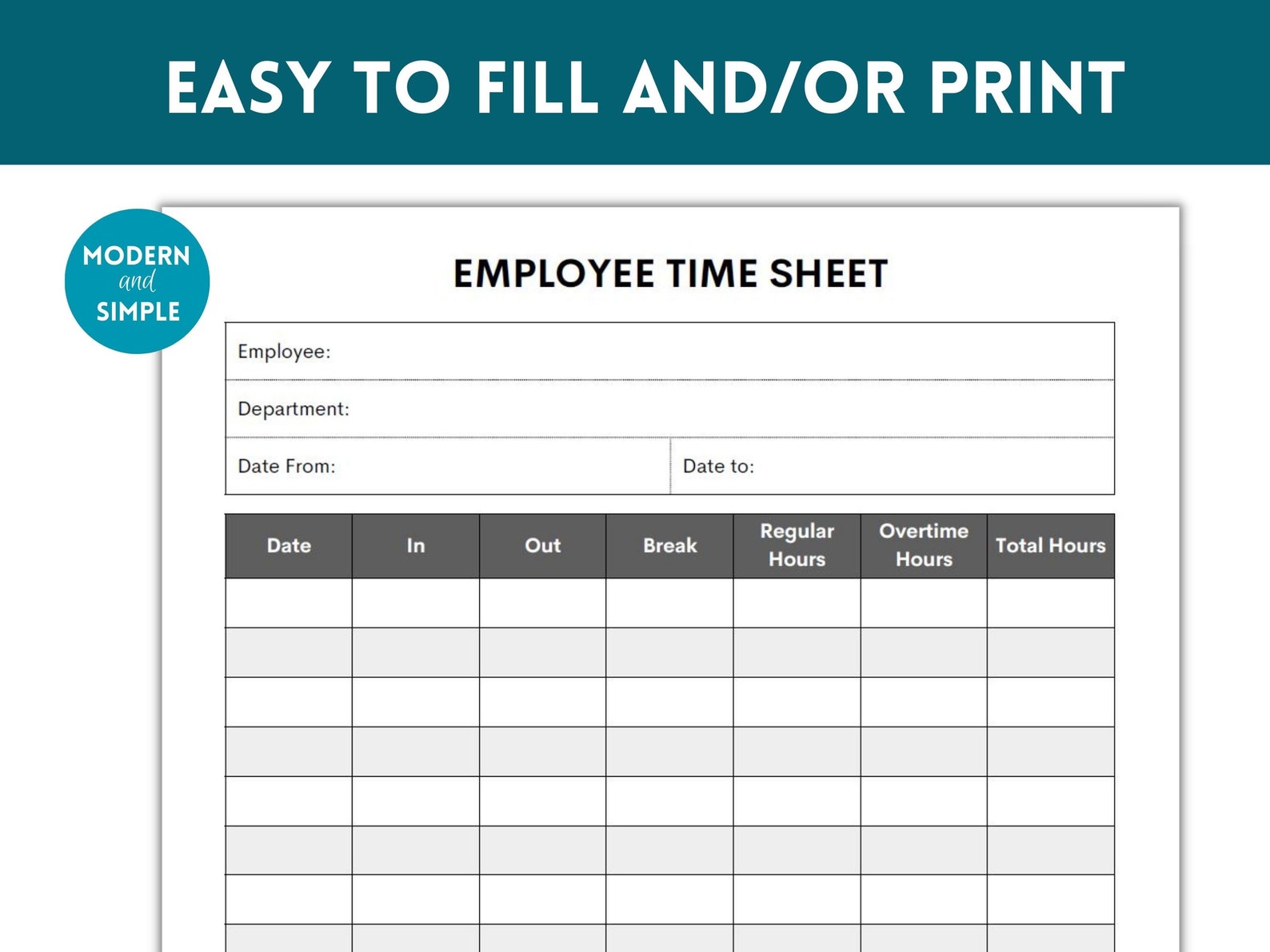 Employee Timesheet, Editable Printable Timesheet, Time Card, Time ...