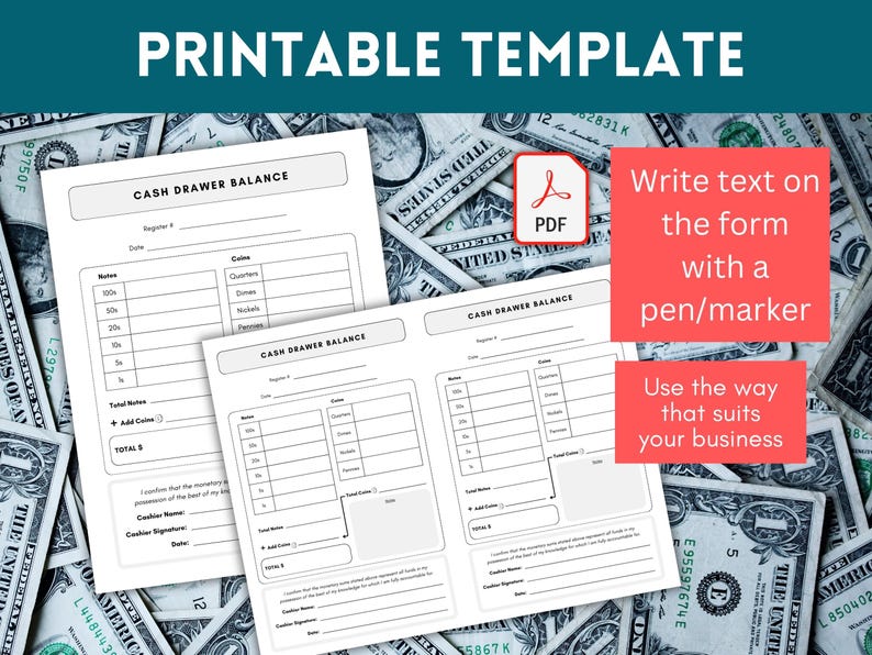 Cash Drawer Sheet, Register Balance Sheet, Cash Breakdown, Opening ...