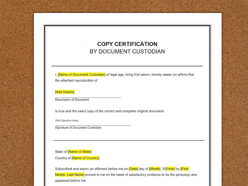 Copy Certification by Document Custodian, Certification Acknowledgement Form, Simple Letter ...