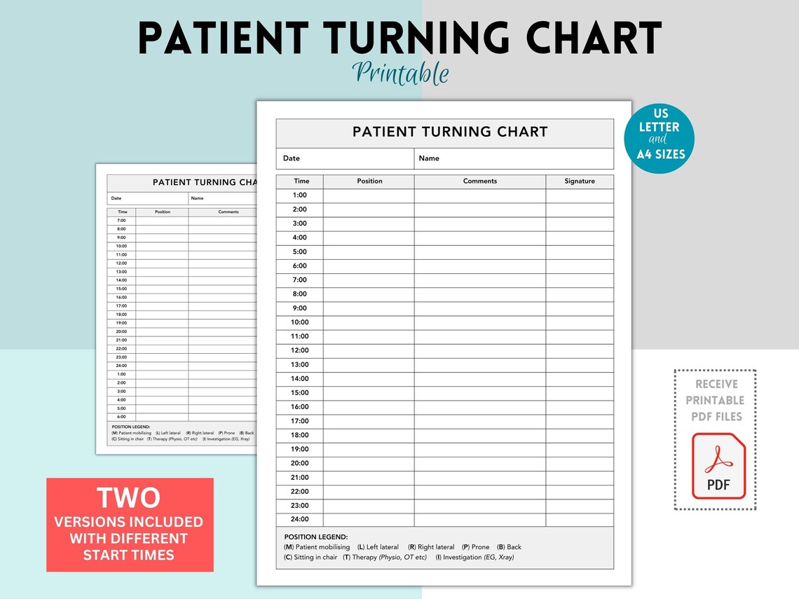 Patient Positioning and Turn Chart, Patient Repositioning Chart ...