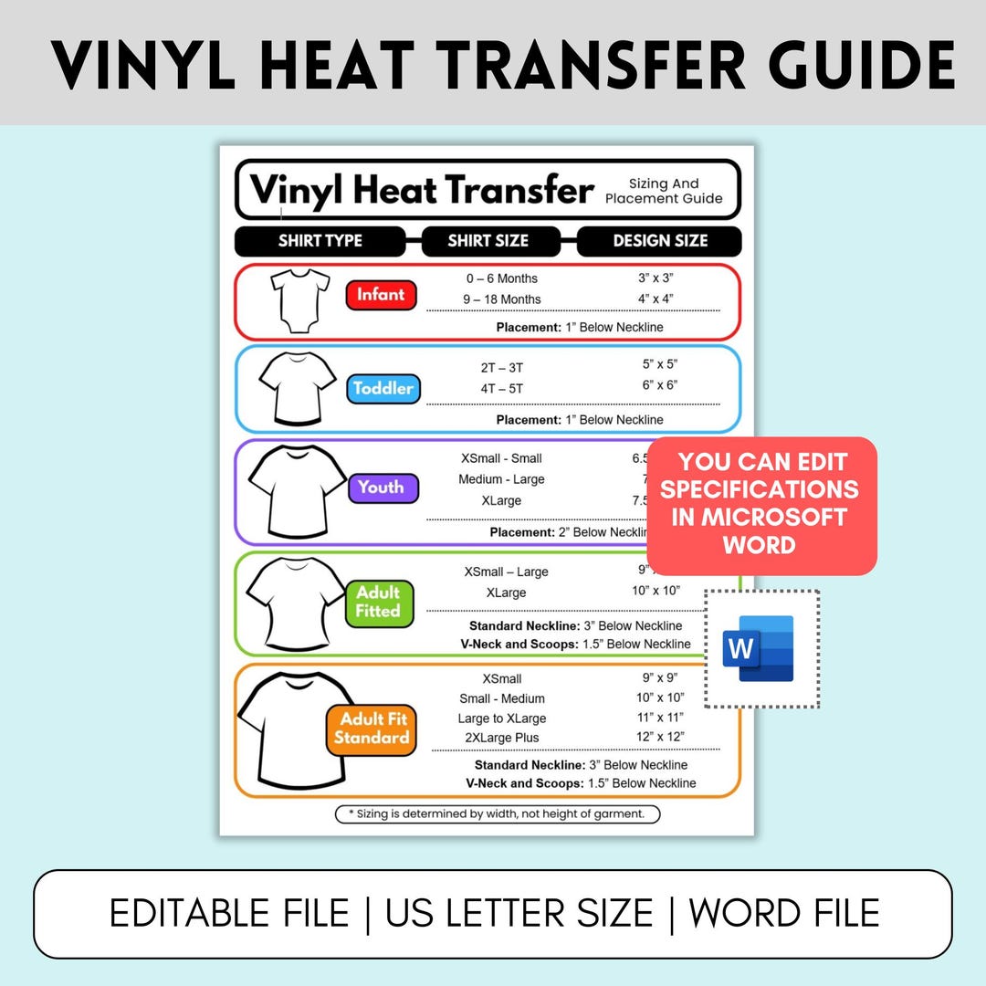 Heat Transfer Vinyl Sizing Guide, Printable HTV Sizing Guide, T-shirt ...