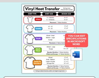 Heat Transfer Vinyl Sizing Guide, Printable HTV Sizing Guide, T-shirt ...