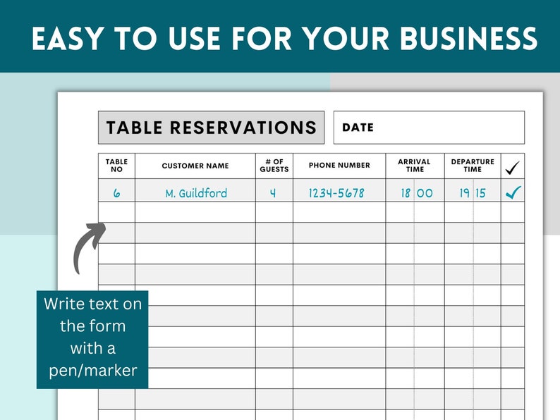 Printable Table Reservation List, Restaurant Table Reservation Form ...