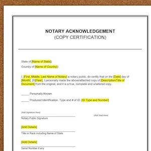 Certification Notary Acknowledgement Form, Notary Acknowledgement ...