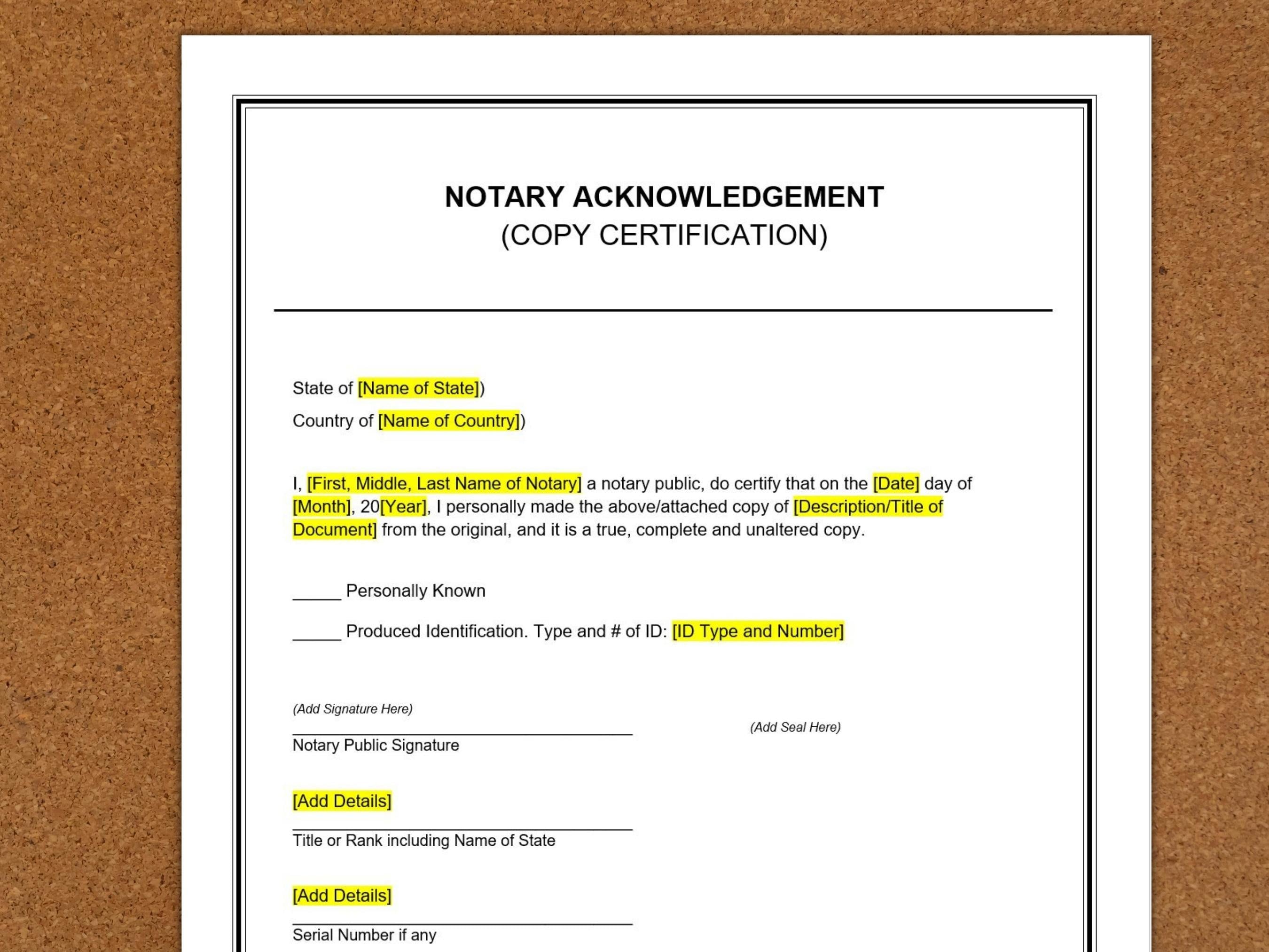 Certification Notary Acknowledgement Form, Notary Acknowledgement ...