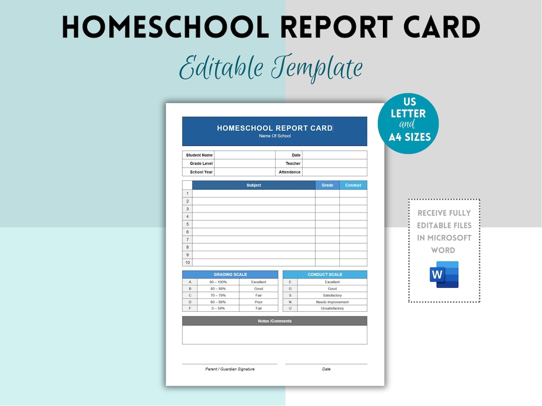 Editable Homeschool Report Card, Homeschooling Progress Report, Grade ...