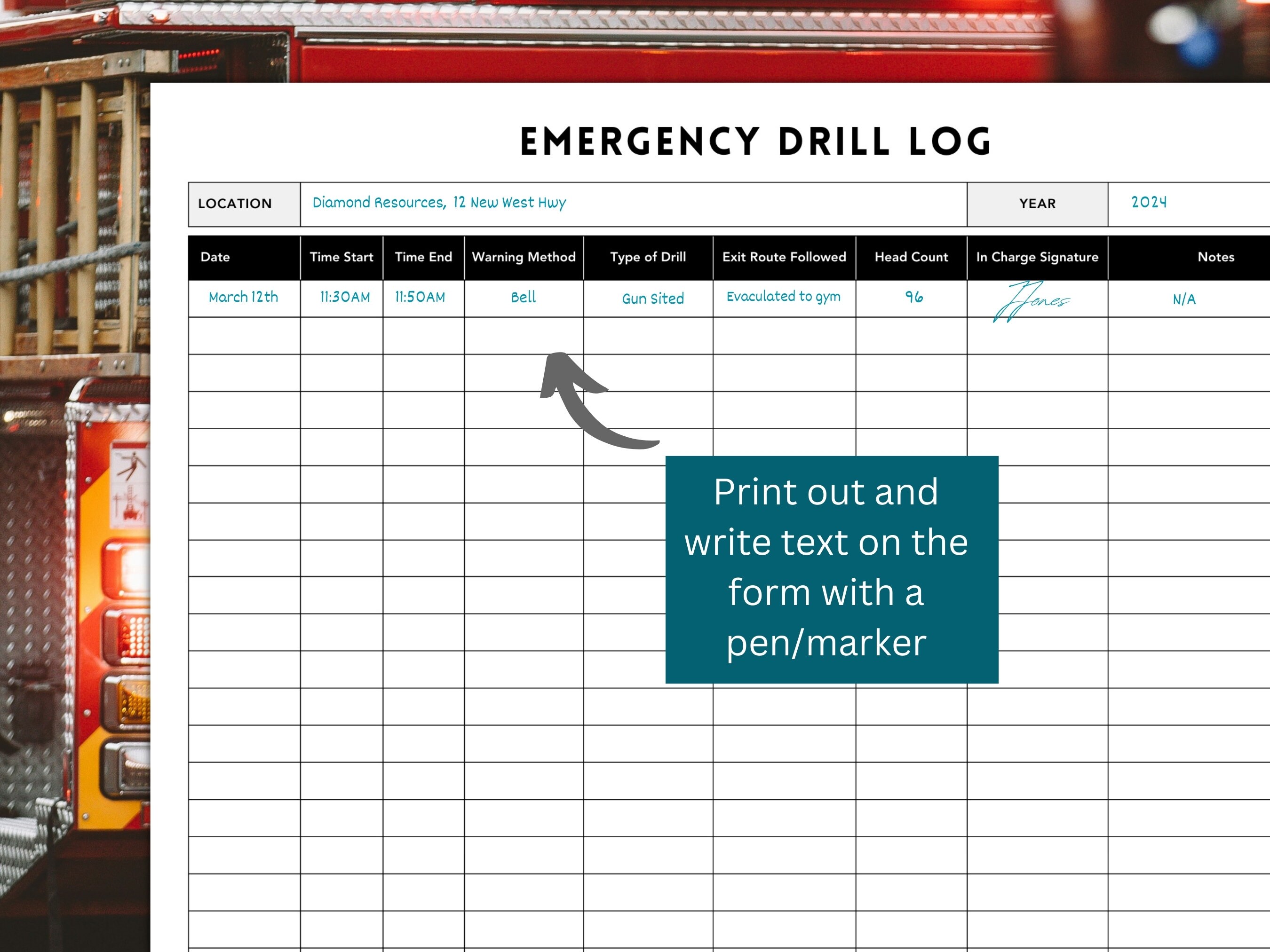Printable Emergency Drill Log, Emergency Drill Record, Fire Drill Log ...