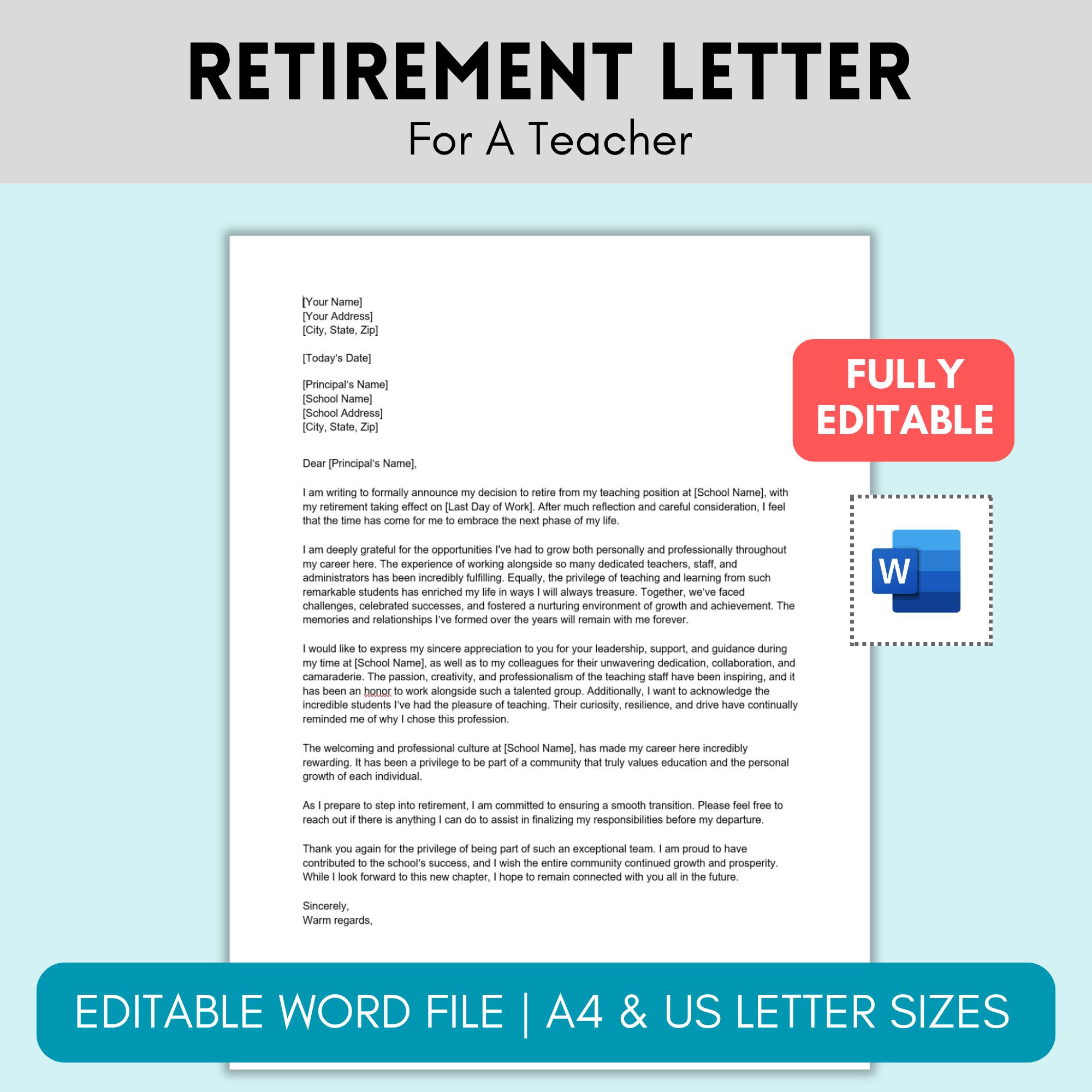 Professional Teacher Retirement Letter, Retirement Notice, Retirement ...