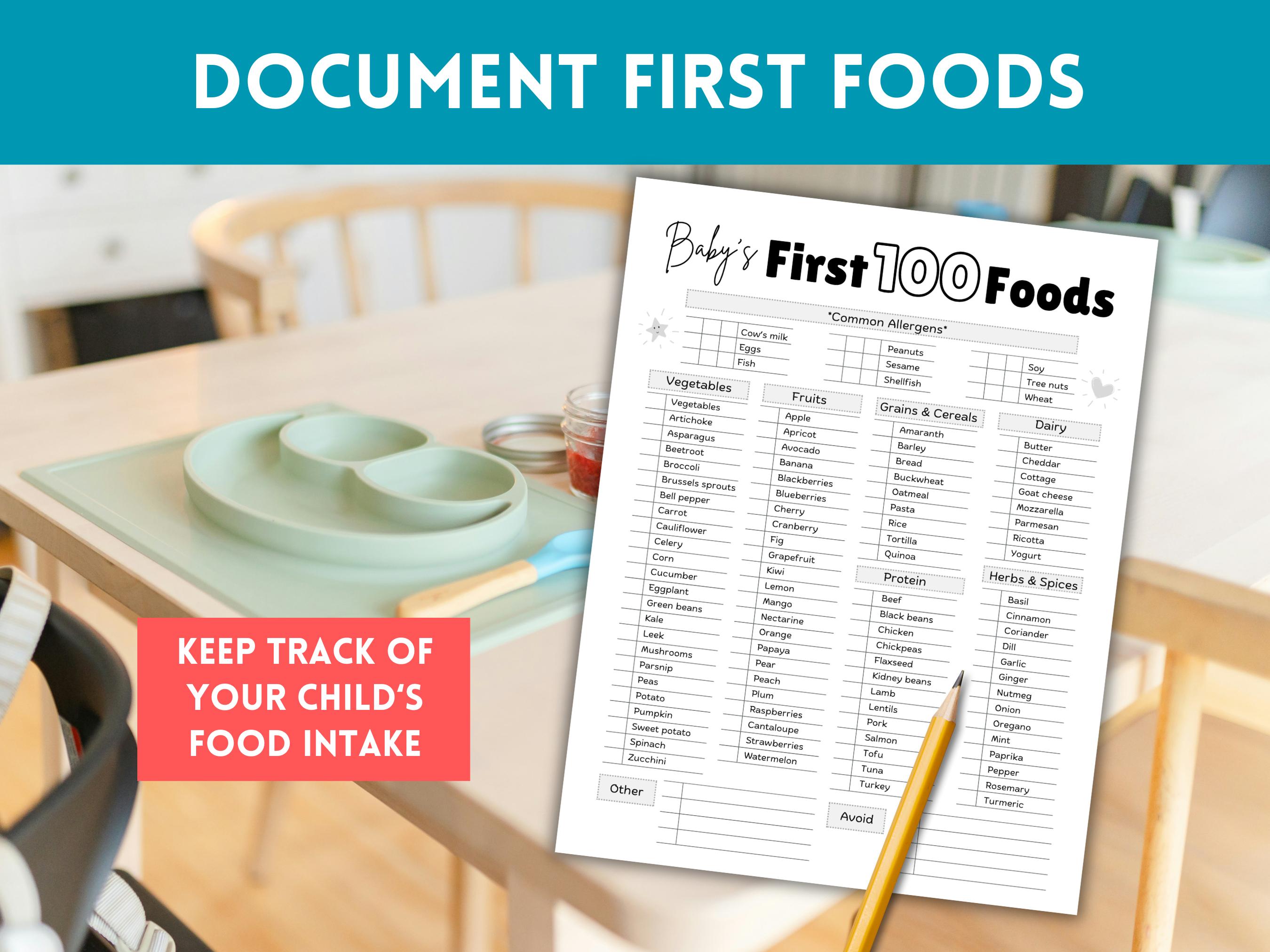 Baby First 100 Food Chart, Baby Food Diary, Baby Food Tracker Printable ...
