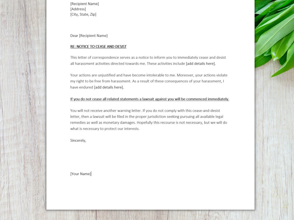 Harassment Cease and Desist Letter Template, Cease and Desist Letter ...