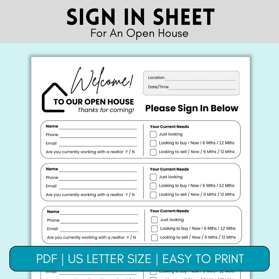 Open House Sign in Sheet, Printable PDF Open House Sign in Sheet ...