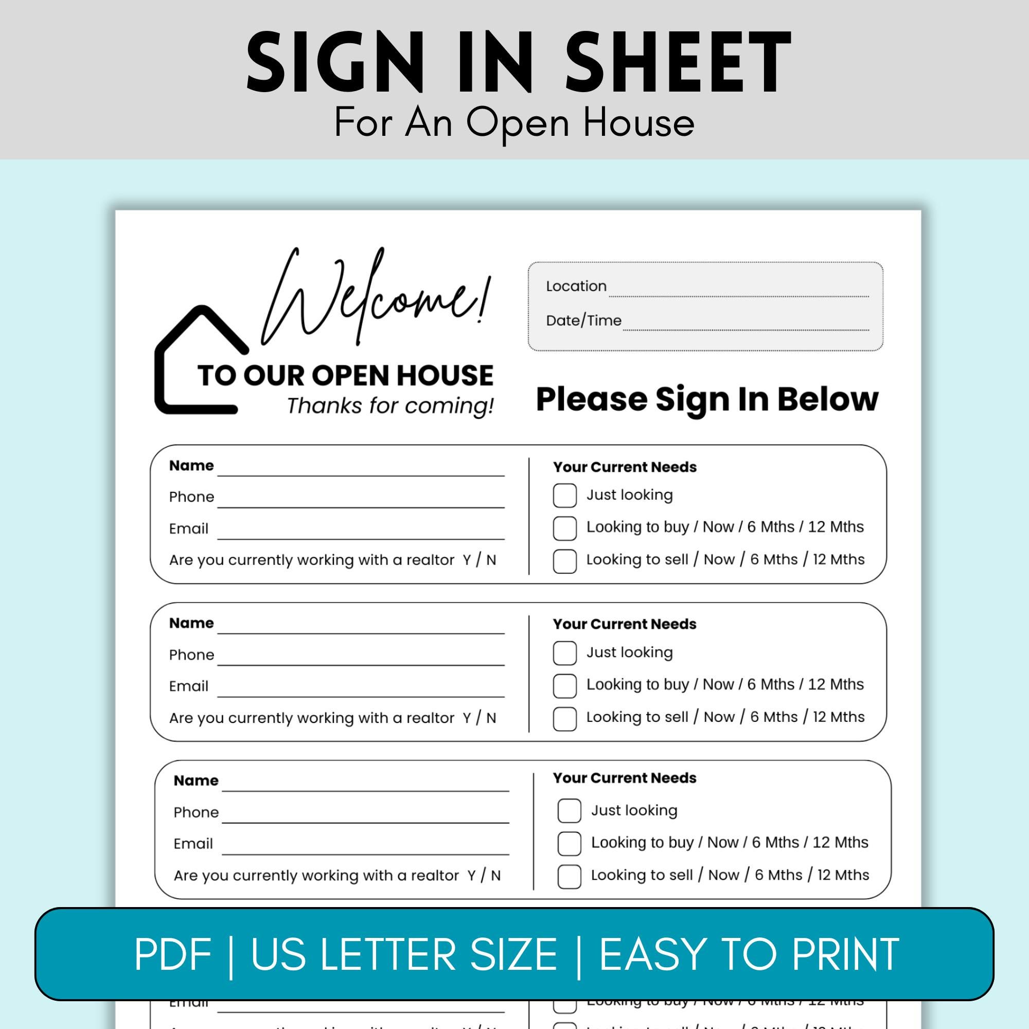 Open House Sign in Sheet, Printable PDF Open House Sign in Sheet ...