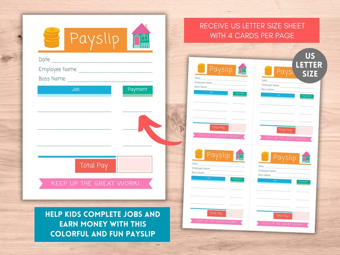Payslip for Kids, Printable Kids Paystub, Kids Paycheck, Earn Money ...