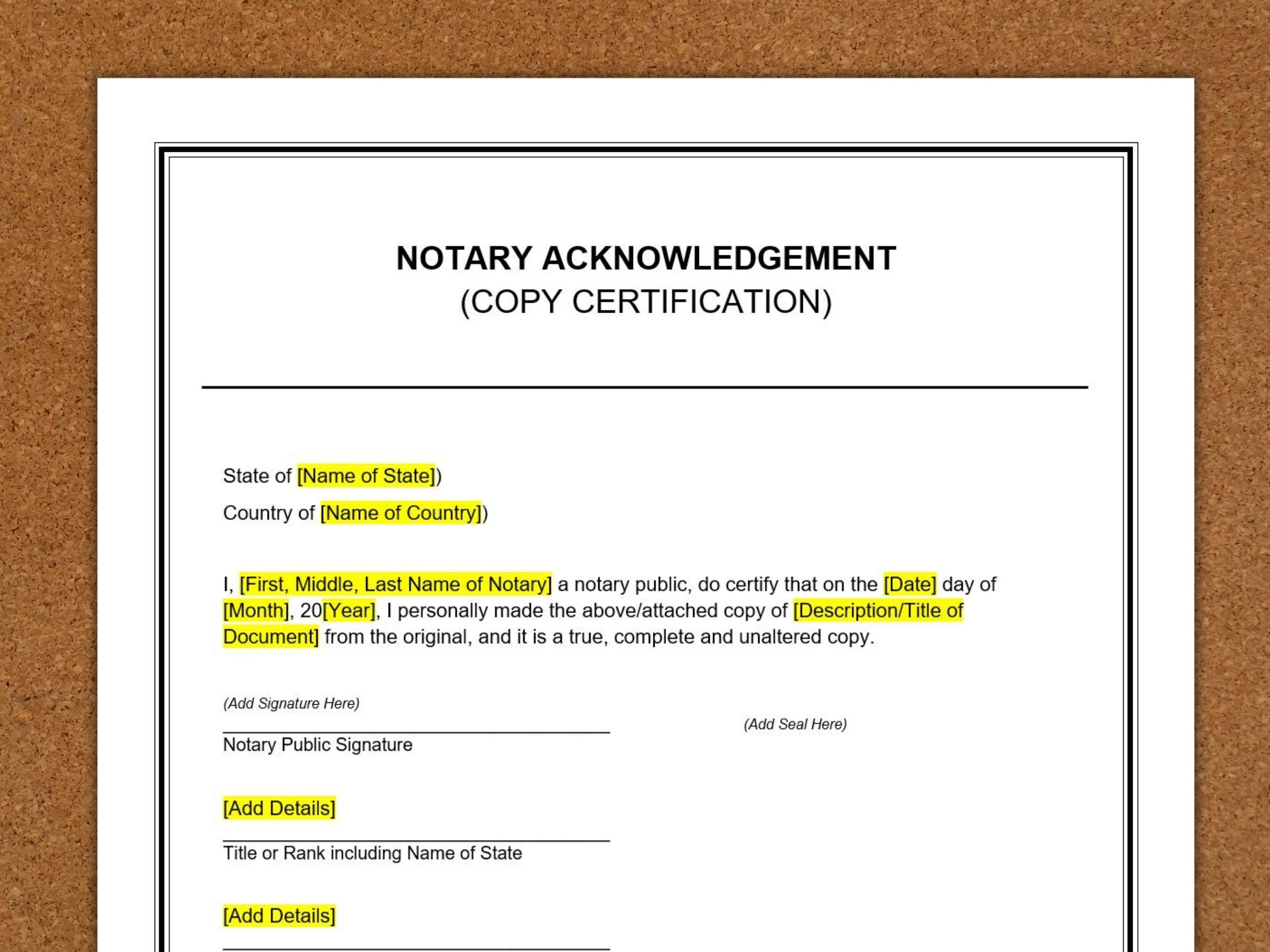Certification Notary Acknowledgement Form, Notary Acknowledgement ...
