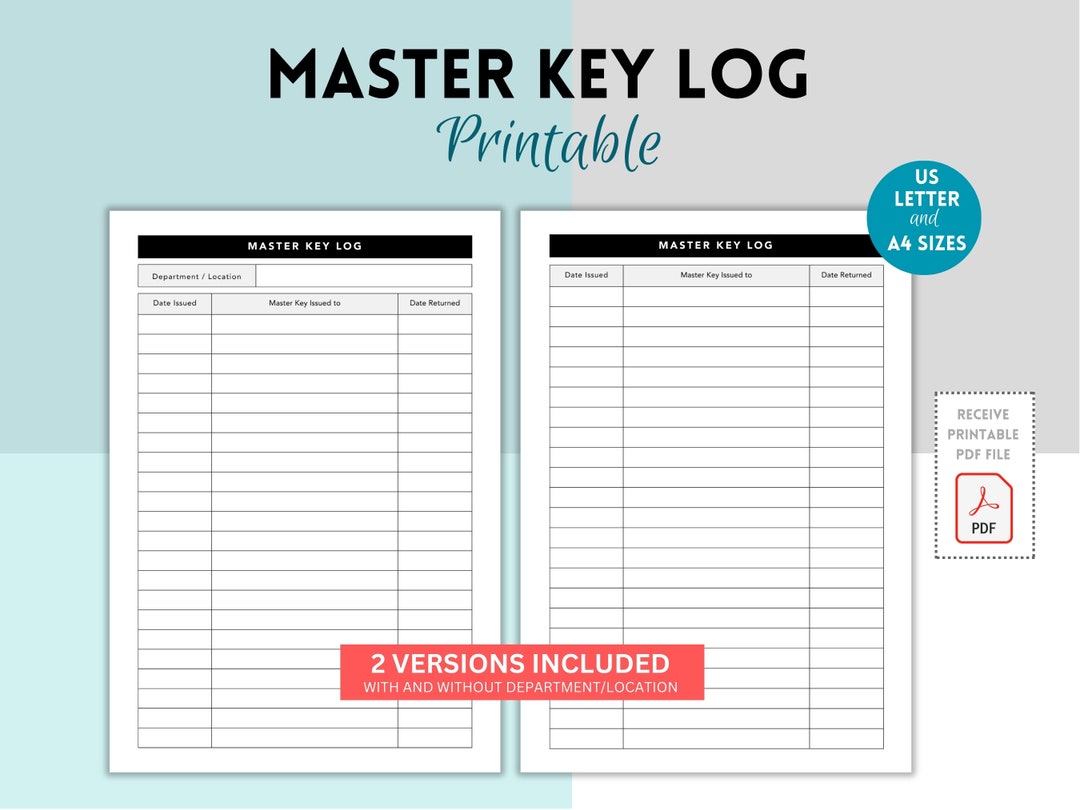 Master Key Log, Master Key Register, Master Key Record, Key Tracking ...
