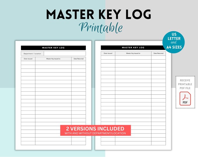 Master Key Log, Master Key Register, Master Key Record, Key Tracking ...