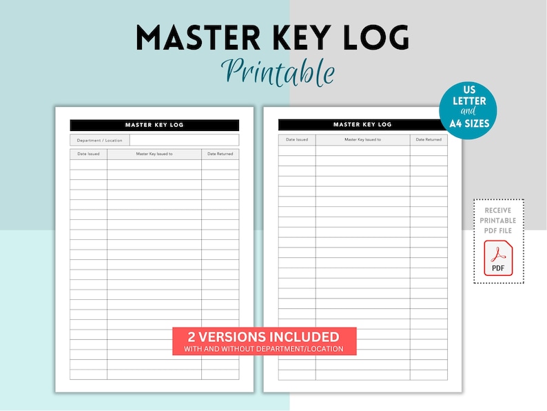 Master Key Log, Master Key Register, Master Key Record, Key Tracking ...