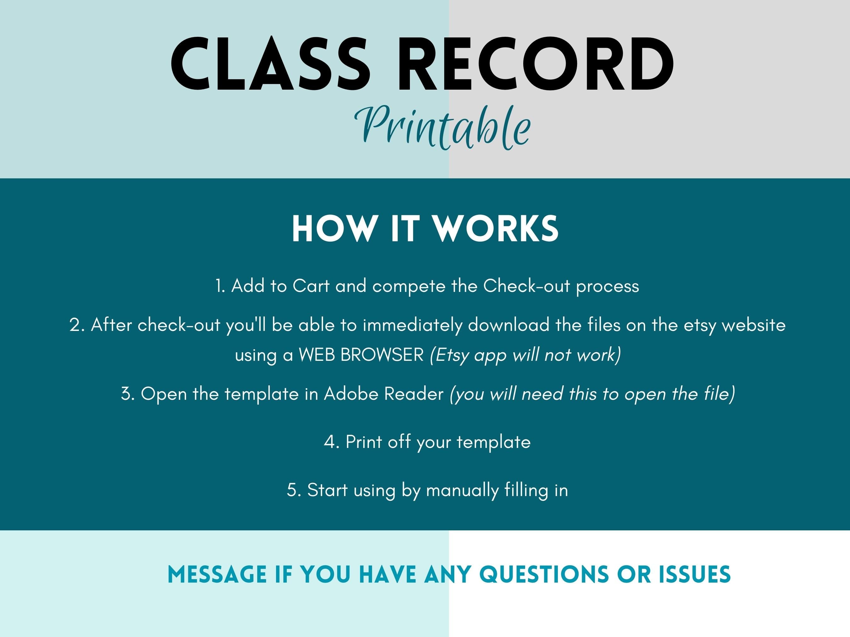 Printable Class Record Checklist, Class Attendance, Class Record, Class ...