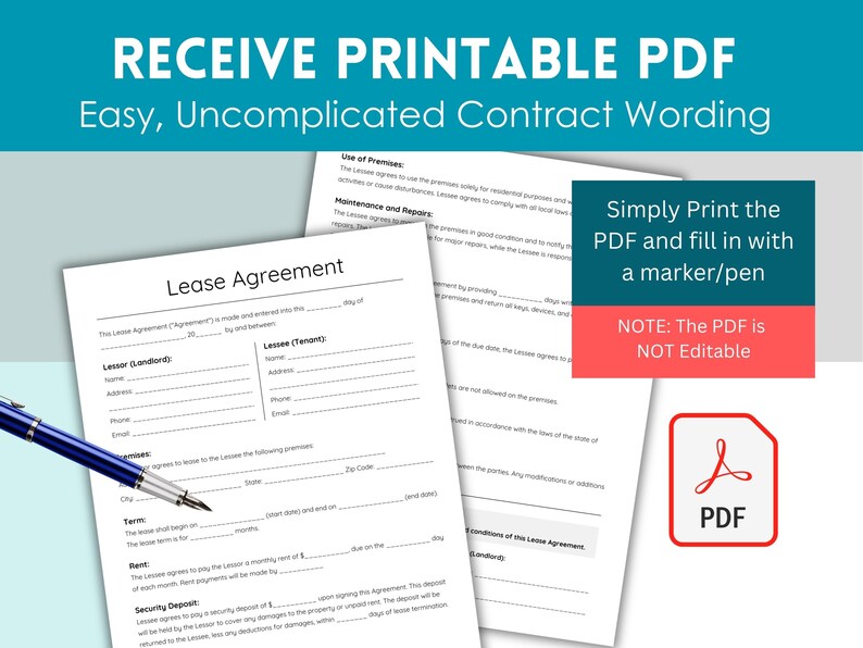 Simple Lease Agreement, Rental Agreement, Lease Contract, Residential ...