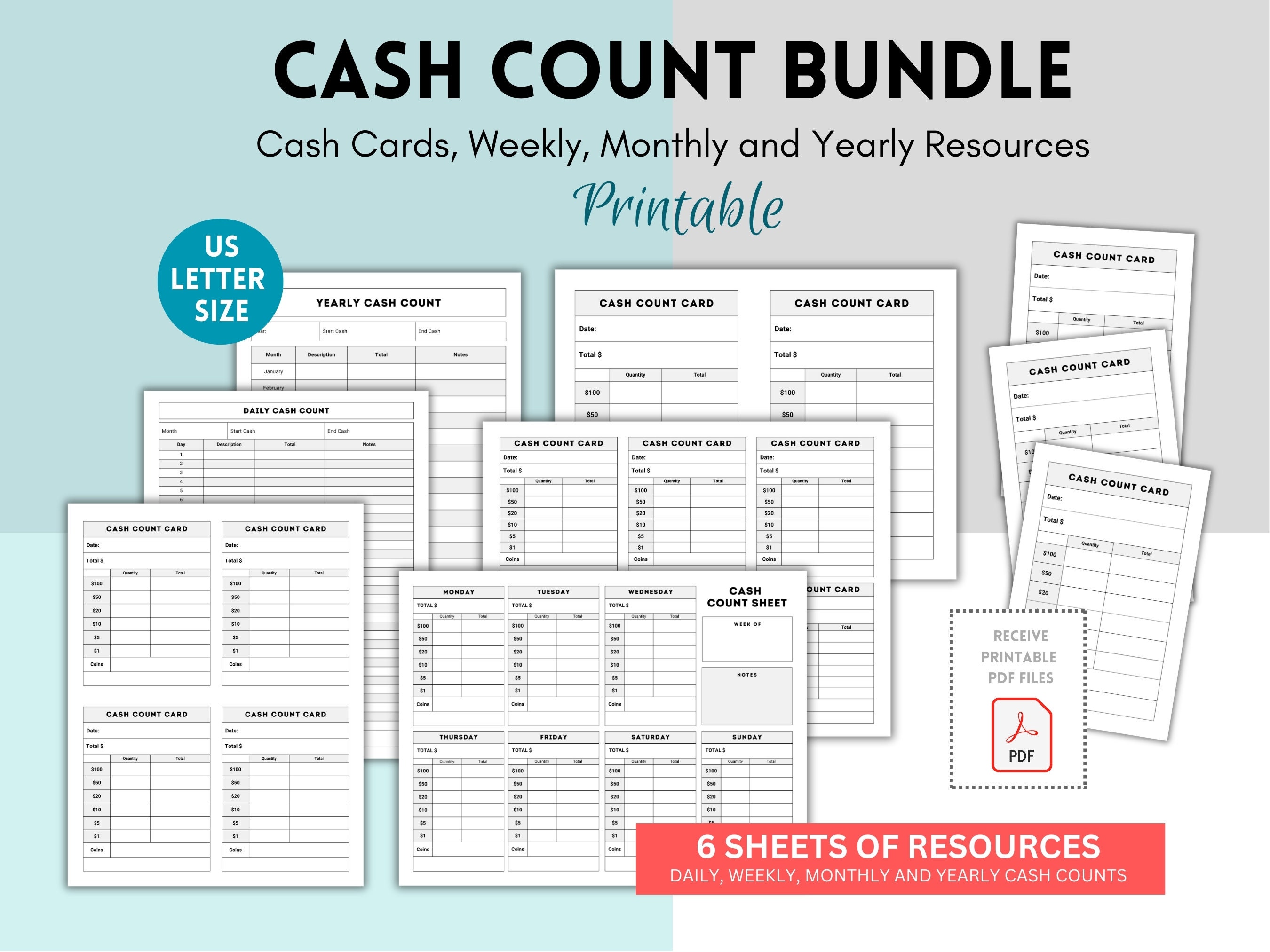 Cash Count Bundle, Cash Breakdown, Count Sheet, Cash Breakdown Slip ...