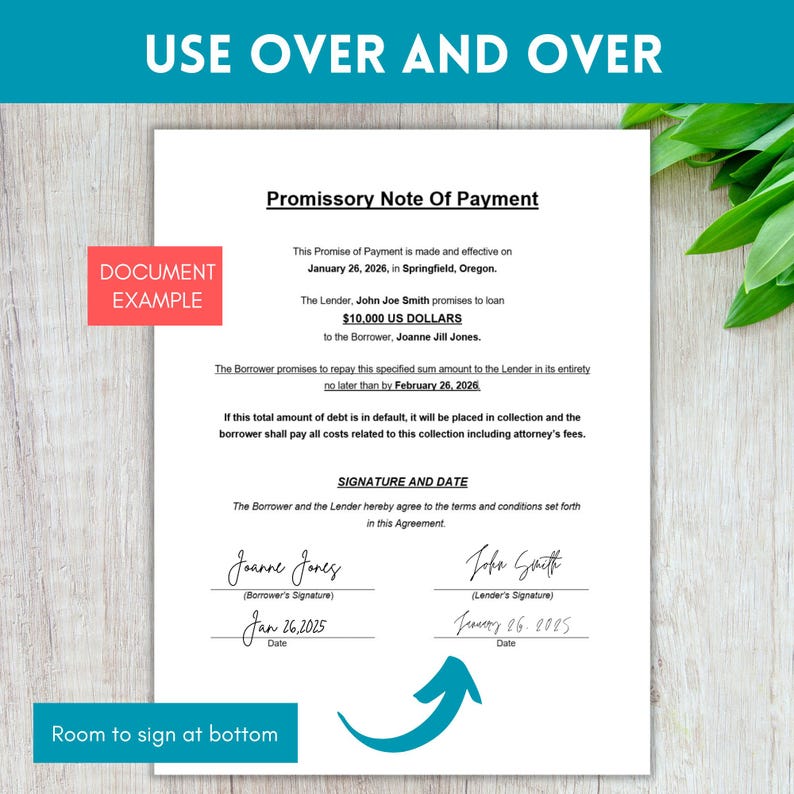 Promissory Note, Editable Promissory Note for Payment, Simple Personal ...