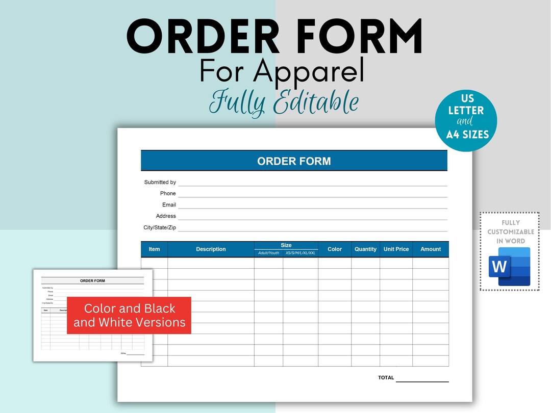 Shirt Order Form Template Editable Word, Apparel Purchase Order Form ...