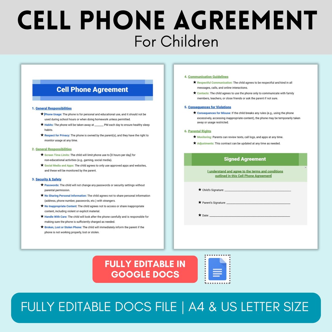 Cell Phone Agreement Contract for Kids, Children Cell Phone Rules ...