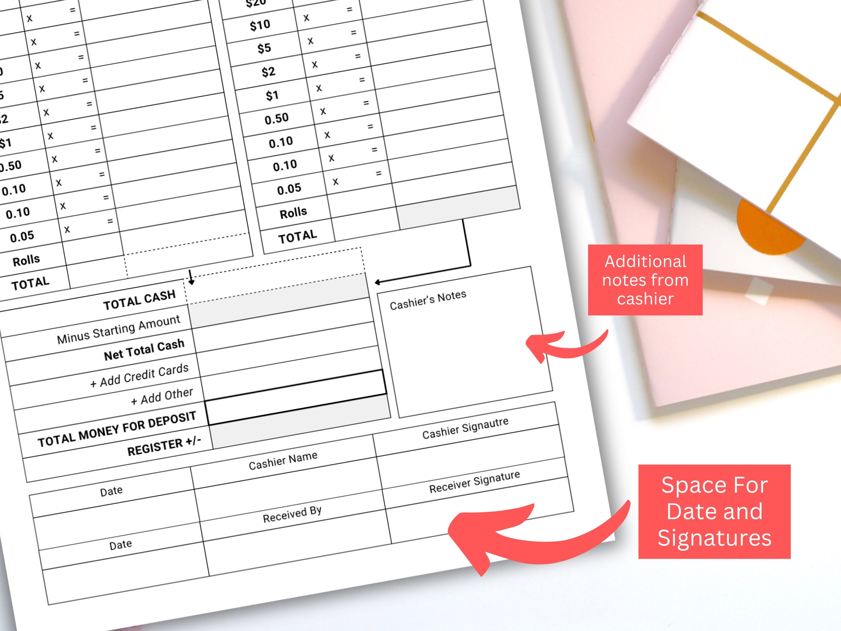 Cash Register Balance Sheet Australian, Till Drawer Balance Log, Cash ...