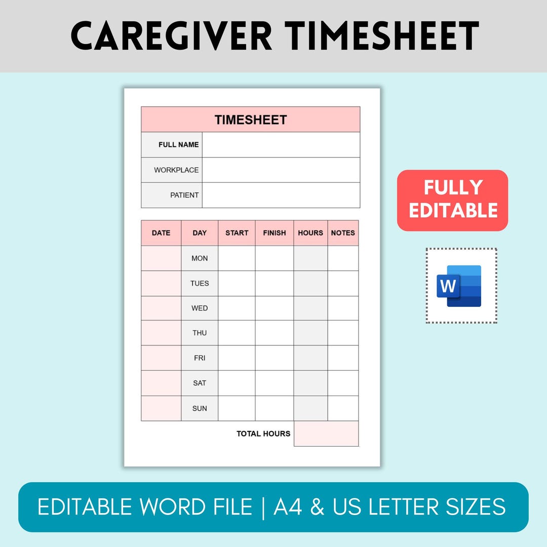 Editable Caregiver Timesheet, Home Health Care Time Sheet, Caregiver ...