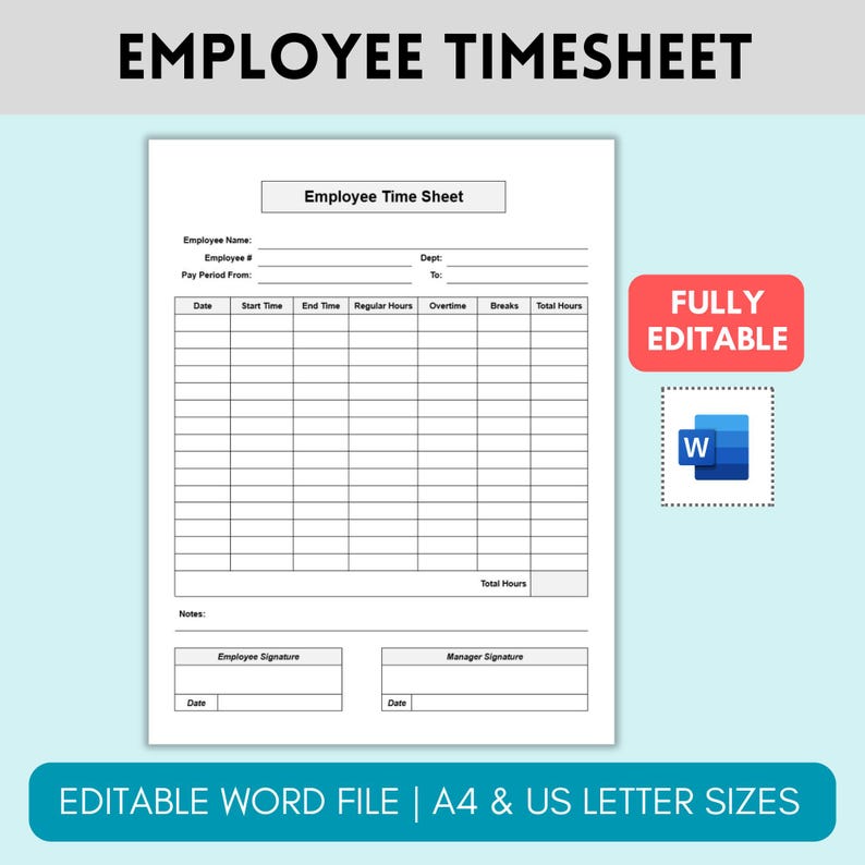 Editable Employee Time Sheet, Timesheet, Employee Work Schedule, Weekly Work Schedule, Time Card ...
