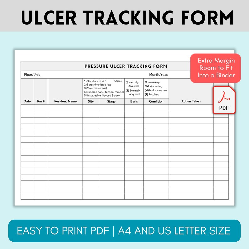 Pressure Ulcer Tracking Form, Wound Assessment Chart, Wound Management ...