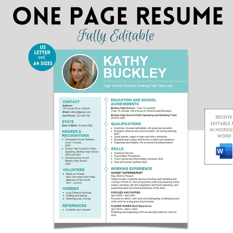 One Page Resume Template - Etsy